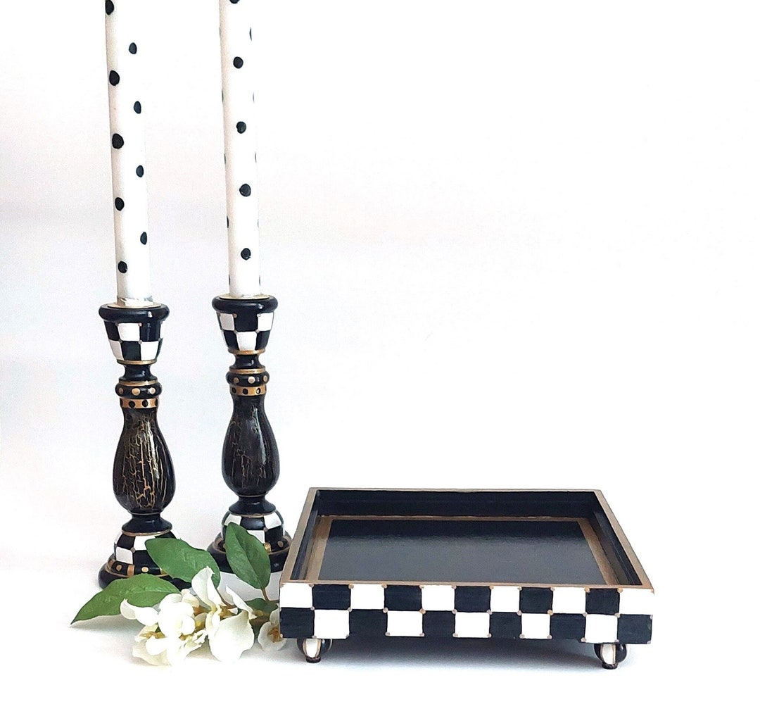 Black and White Checkered Tray Wooden Riser Tray for Bathroom Organizer ...