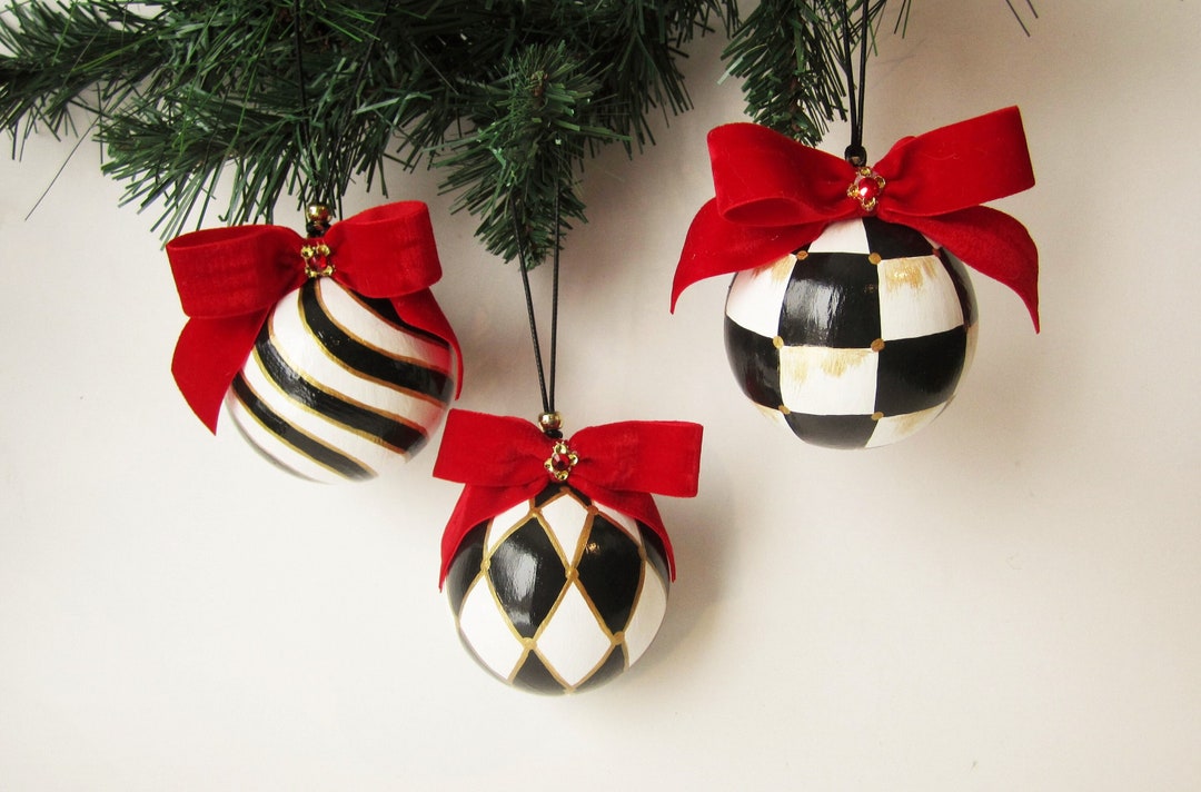 Hand-painted Black and White Christmas Balls – Whimsical Checkered ...