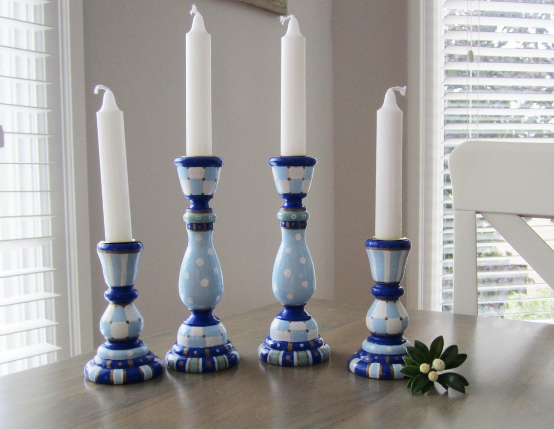 Blue and White Candle Holders for Table Centerpiece Hand Painted Wooden ...