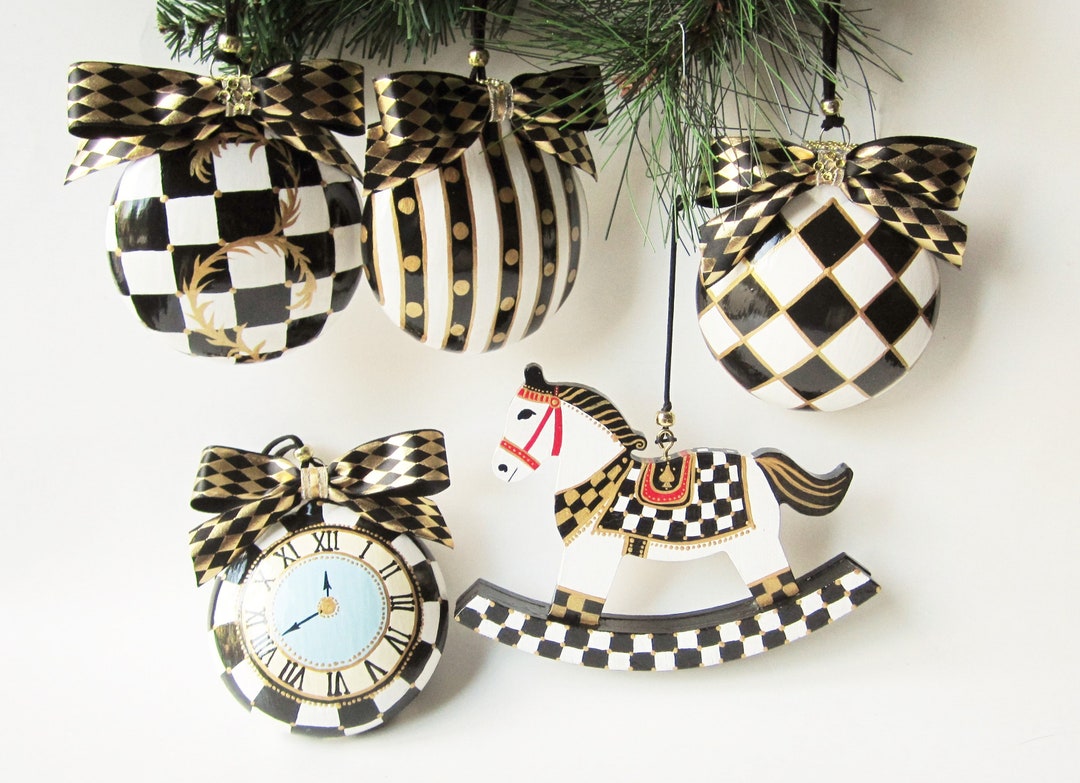 Black and White Christmas Balls Checkered Ornaments Hand Painted ...