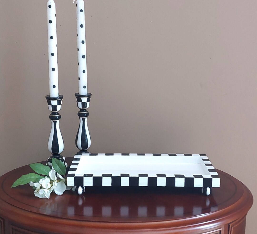 Black and White Checkered Tray Wooden Riser Tray for Bathroom Organizer ...
