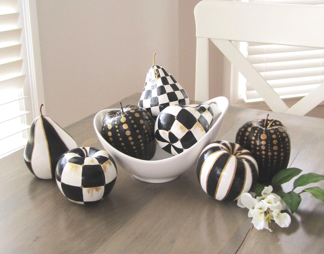 Black and White Check Peas and Apples Bowl Filler Decor Tabletop ...