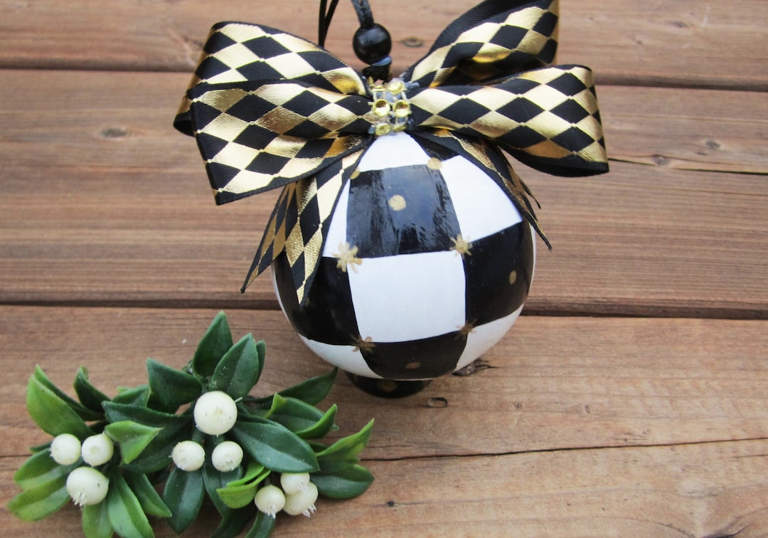 Black and White Christmas Balls Checkered Ornaments Hand Painted ...