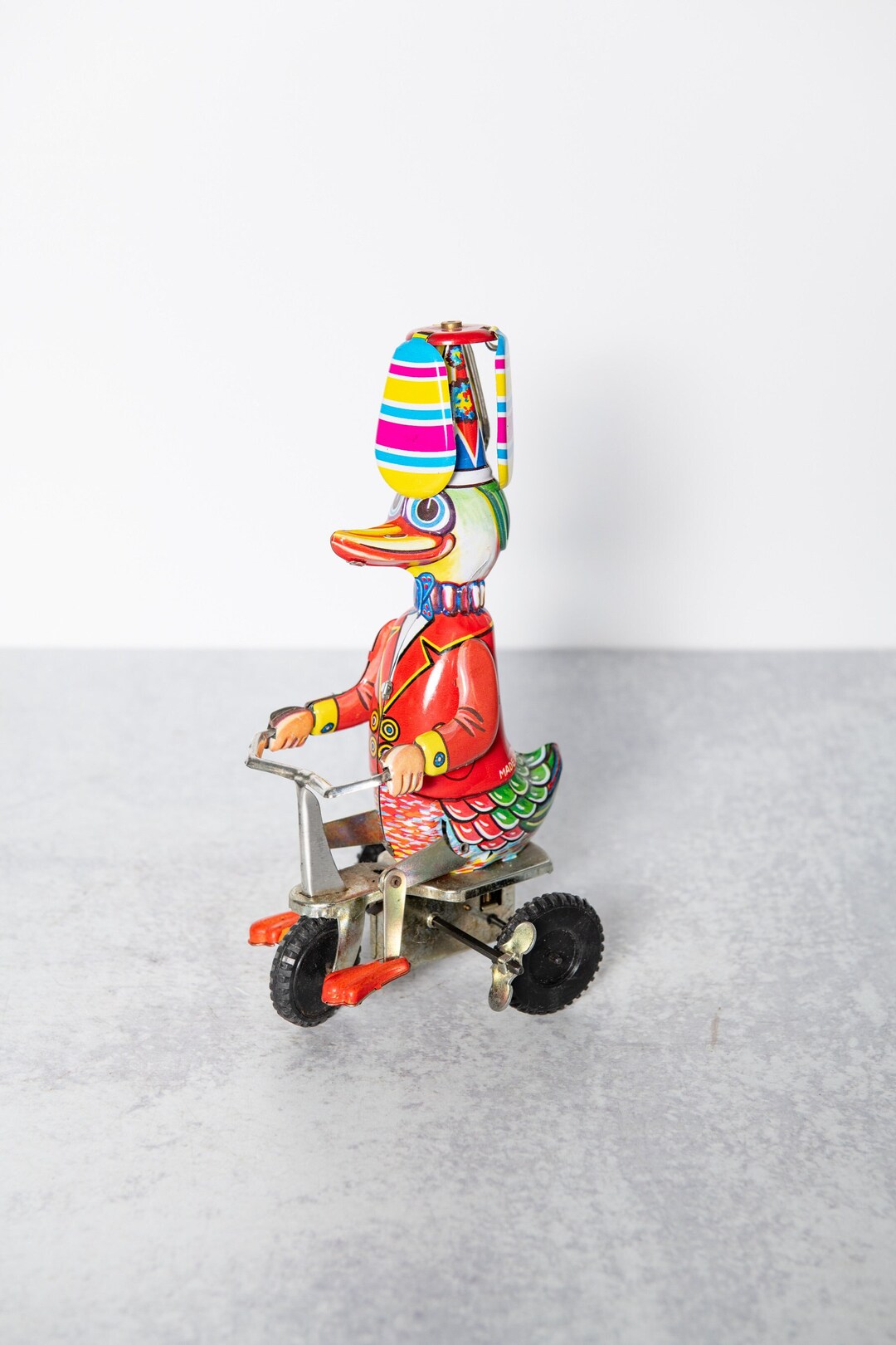 Wind up Mechanical Tin Litho Circus Duck on Tricycle With Propeller ...