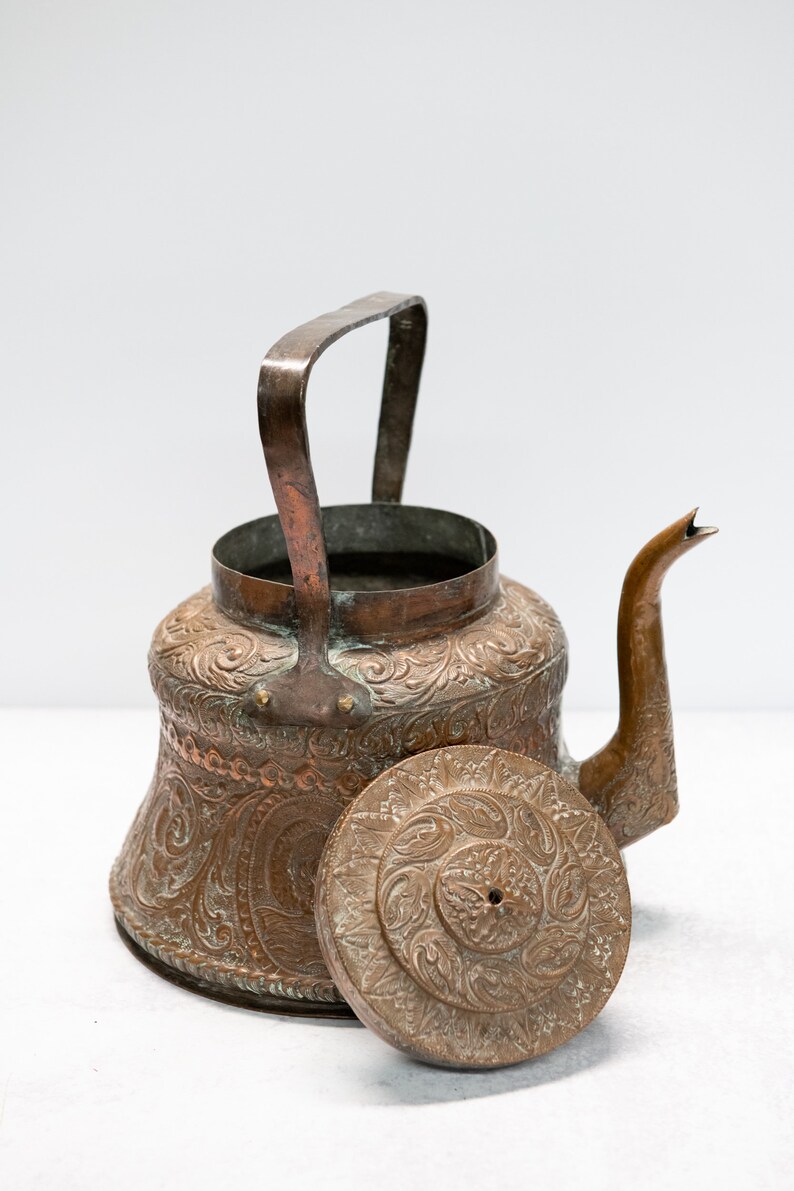 Hand Forged Large Antique Copper Tea Kettle With Ornate Embossed Design ...