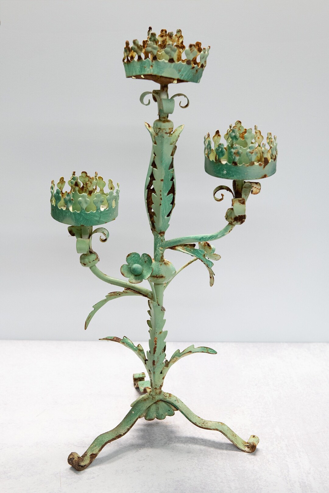 Three Tiered Wrought Iron Chippy Turquoise With Patina Wonky Candle ...