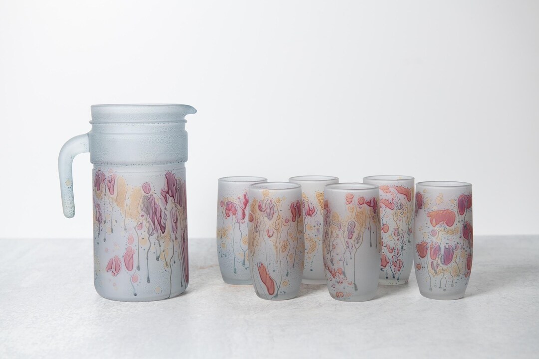 Mid Century Satin Drip Art Glassware Set With 1 Pitcher and 6 Glasses ...