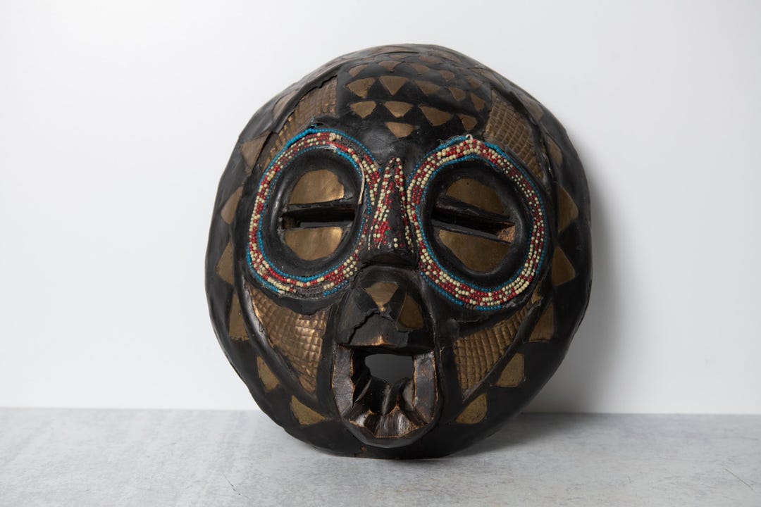 Ghana African Moon Mask Carved Wood With Inlaid Brass and Seed Beads ...
