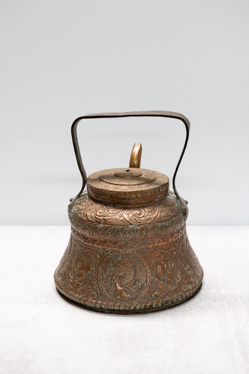 Hand Forged Large Antique Copper Tea Kettle With Ornate Embossed Design ...