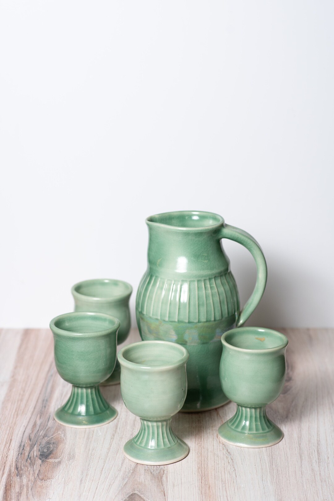 Handmade Turquoise Glazed Ceramic Set of 5 Pitcher and 4 Pedestal Cups ...