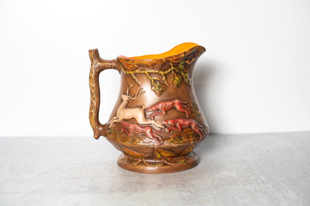 Ceramic Vintage Pitcher With Bold Orange Glazed Interior and Horse ...