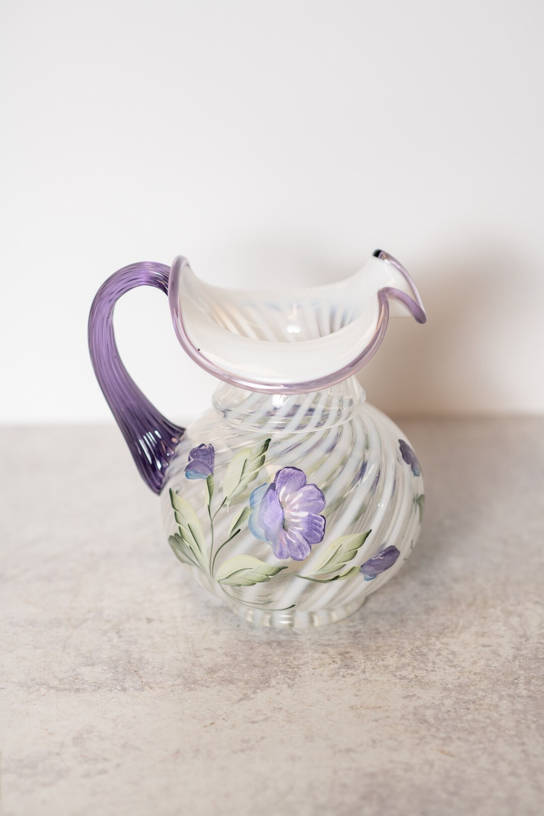 Fenton Glass Pitcher With Optic Swirl, Purple Handle and Hand Painted ...