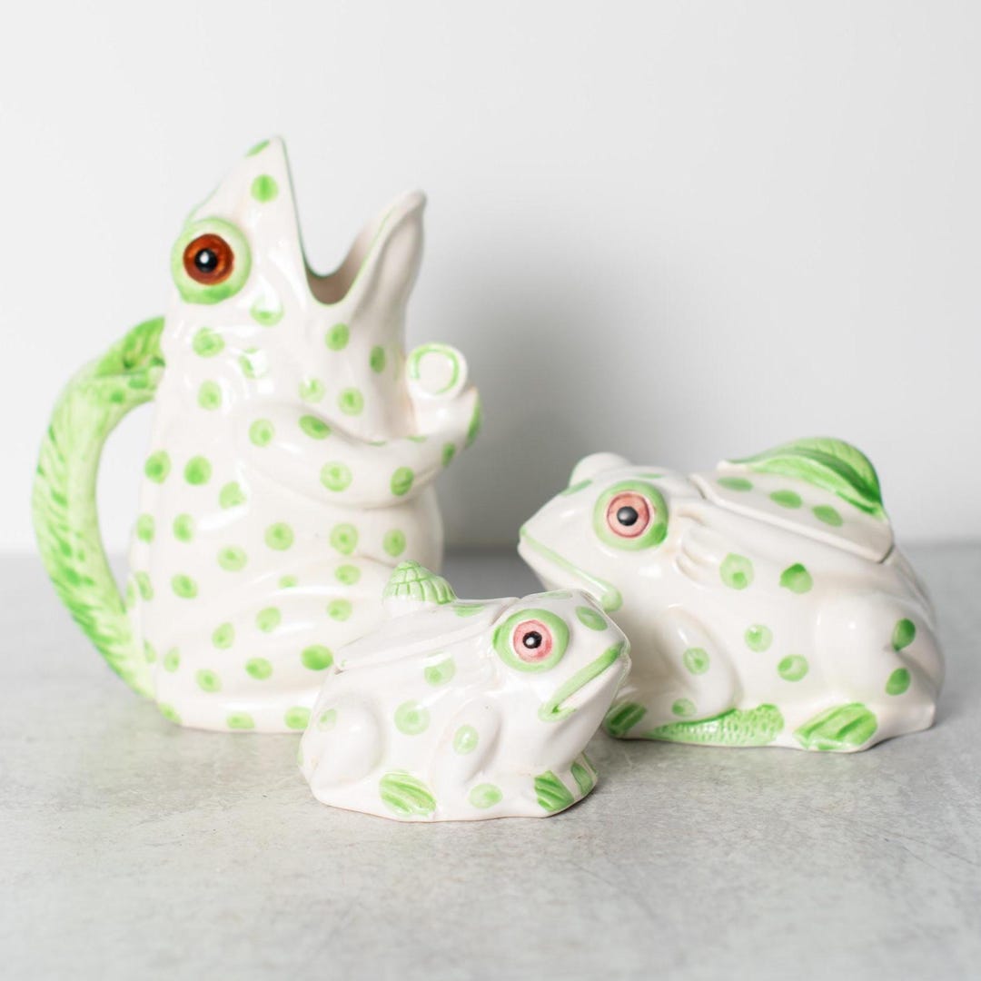 Set of 3 J.S.N.Y. Japan 1973 Green Polka Dot Frogs Ceramic Kitchenware ...