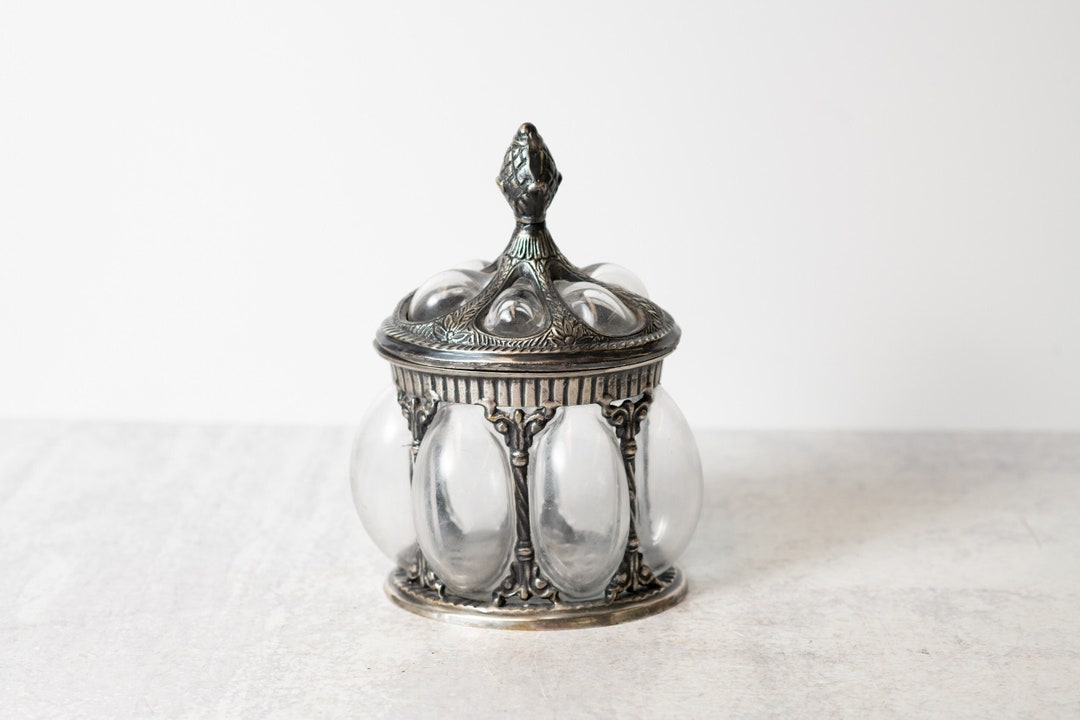 Indian Hand Blown Glass Bubble Baroque Apothecary Jar Encased in Silver ...