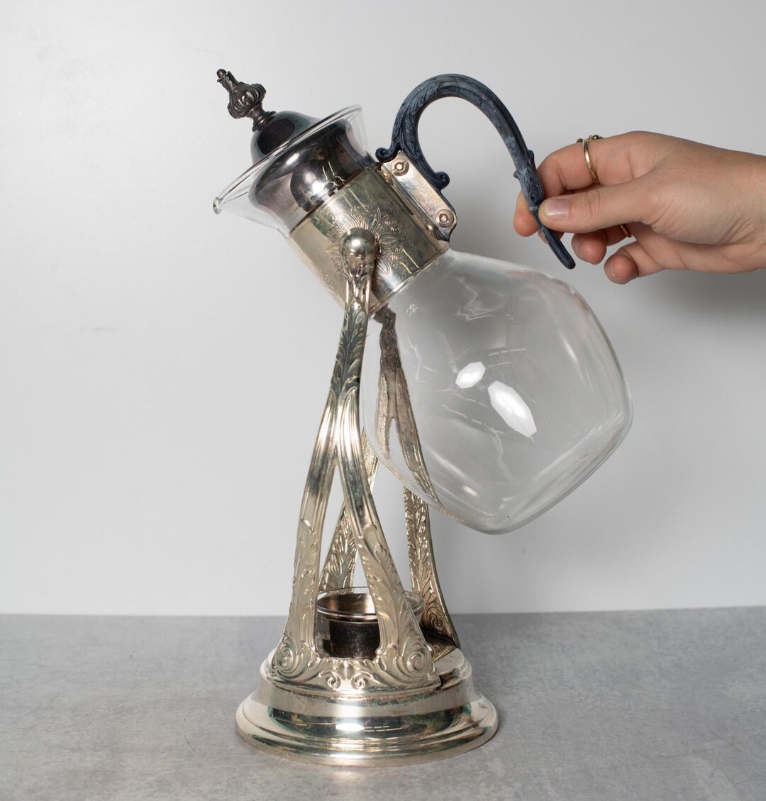 Silver and Glass Unmarked Tipping Coffee or Tea Carafe With Votive ...
