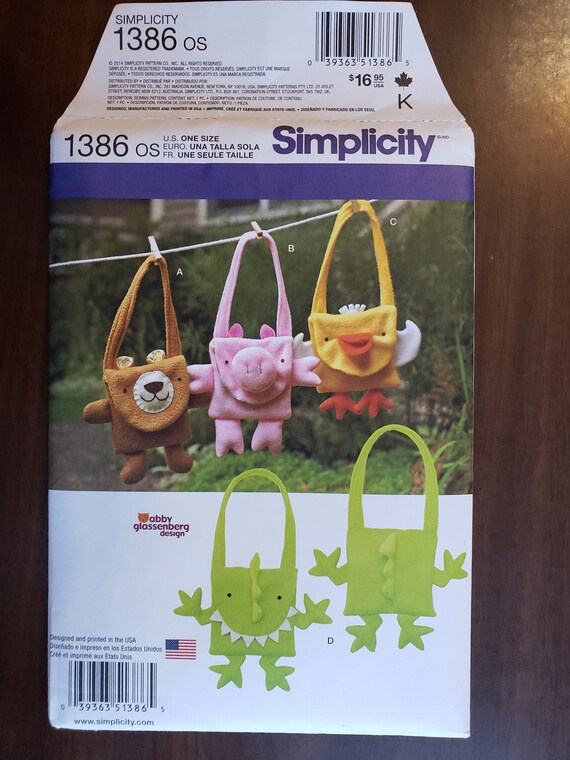 New Uncut Sewing Pattern. Fleece Animal Bags. Simplicity | Etsy