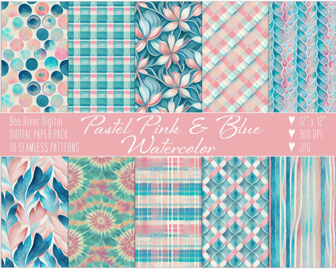 Pastel Pink and Blue Watercolor DIGITAL PAPER, Seamless Pattern ...