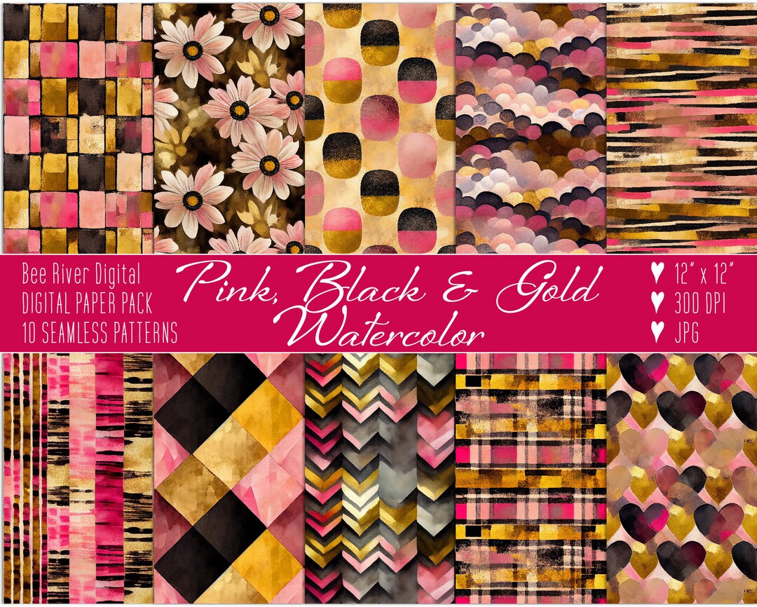Pink Black and Gold Watercolor DIGITAL PAPER, Seamless Pattern ...