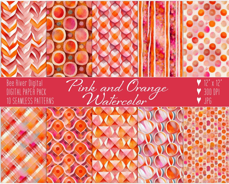 Pink and Orange Watercolor DIGITAL PAPER, Seamless Pattern, Scrapbook ...