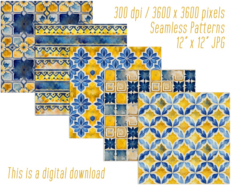 Blue and Yellow Greek Tiles DIGITAL PAPER, Seamless Pattern, Scrapbook ...