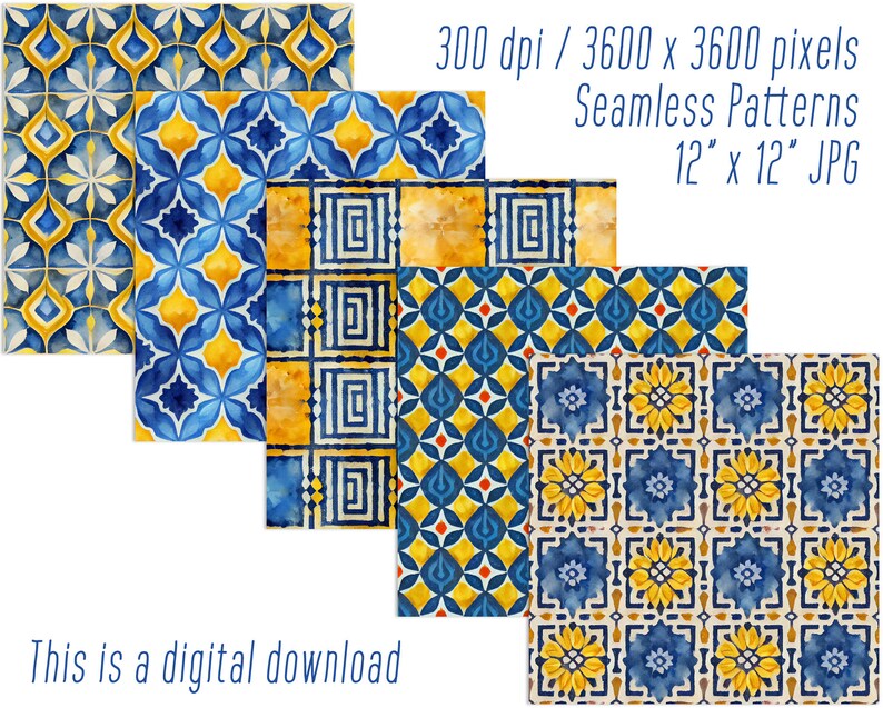 Blue and Yellow Greek Tiles DIGITAL PAPER, Seamless Pattern, Scrapbook ...