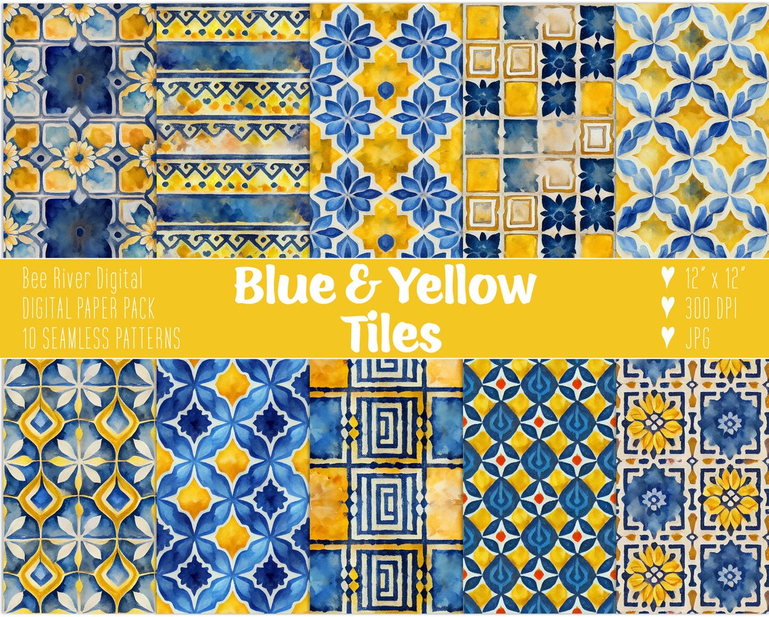Blue and Yellow Greek Tiles DIGITAL PAPER, Seamless Pattern, Scrapbook ...