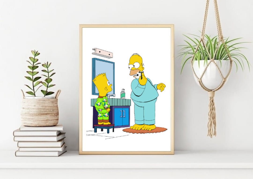 The Simpsons Bathroom Print: Homer Shaving, Bart Watching (digital ...