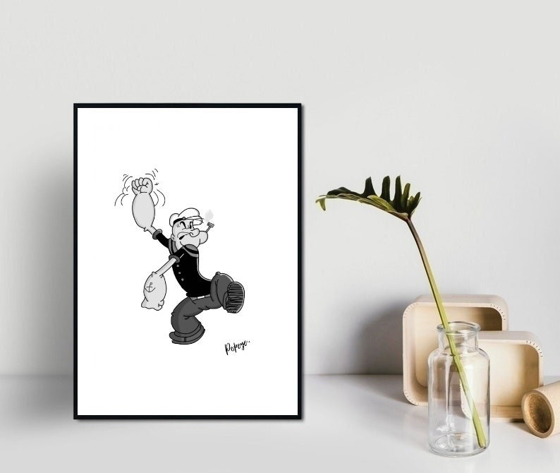 Popeye Print/poster, Monochrome Minimalist Classic Cartoon Character ...