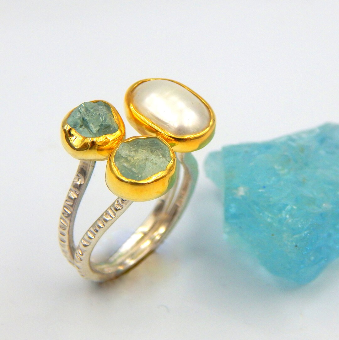 Anello fatto a mano con acquamarina grezza e perla: anello con pietra ...