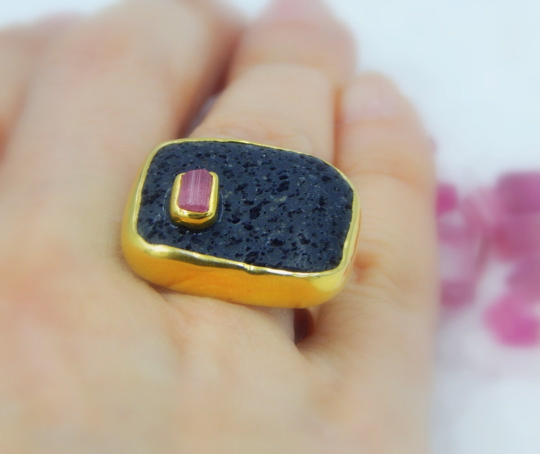 Black Lava Ring, Red Tourmaline Ring, Rough Gemstone, Rectangle Ring ...