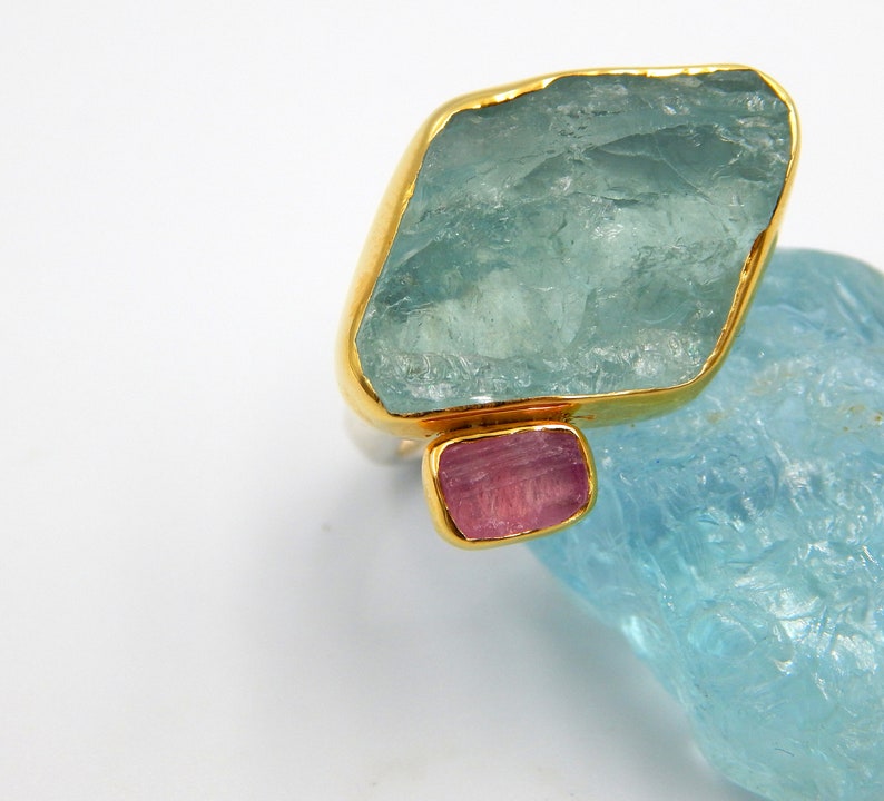 Aquamarine Ring Red Tourmaline Rough Raw Gemstone March | Etsy