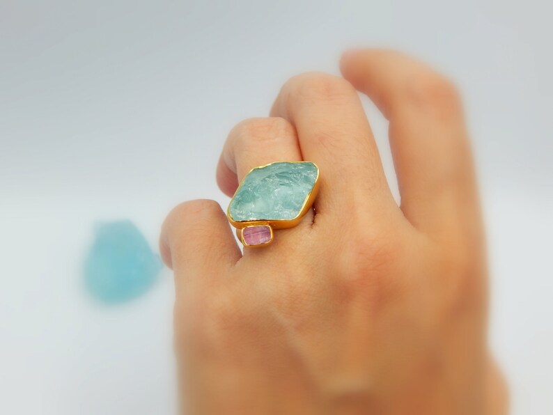 Aquamarine Ring Red Tourmaline Rough Raw Gemstone March | Etsy