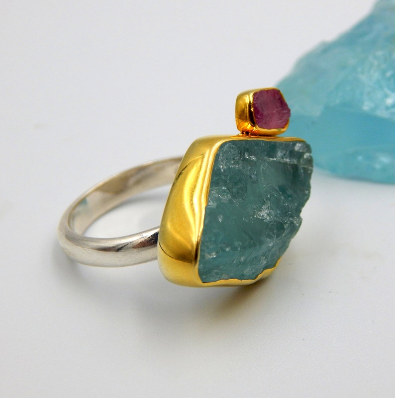 Aquamarine Ring Red Tourmaline Rough Raw Gemstone March | Etsy