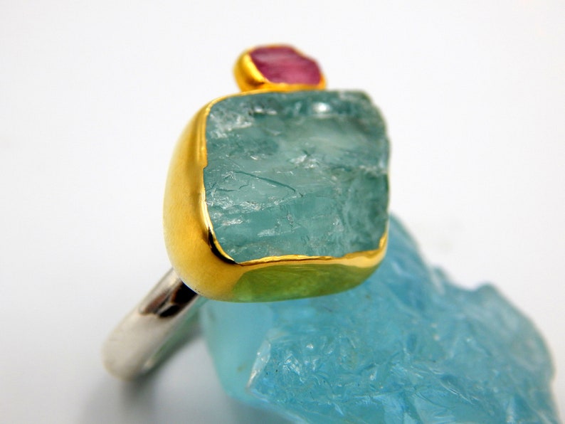 Aquamarine Ring Red Tourmaline Rough Raw Gemstone March | Etsy