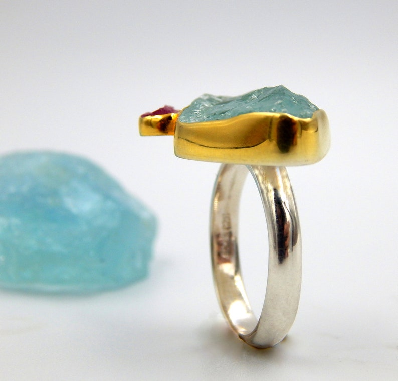 Aquamarine Ring Red Tourmaline Rough Raw Gemstone March | Etsy