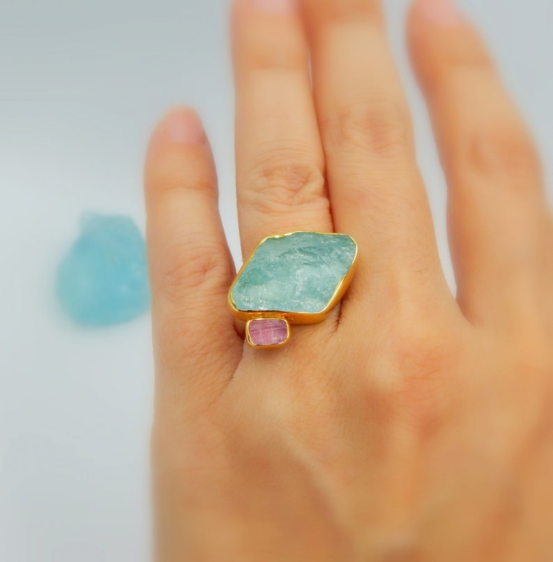 Aquamarine Ring Red Tourmaline Rough Raw Gemstone March | Etsy