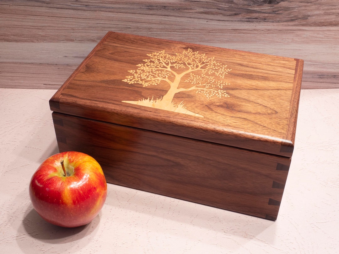 Handmade Walnut Jewelry Box: Tree of Life Maple Inlay - Green Fabric - Etsy