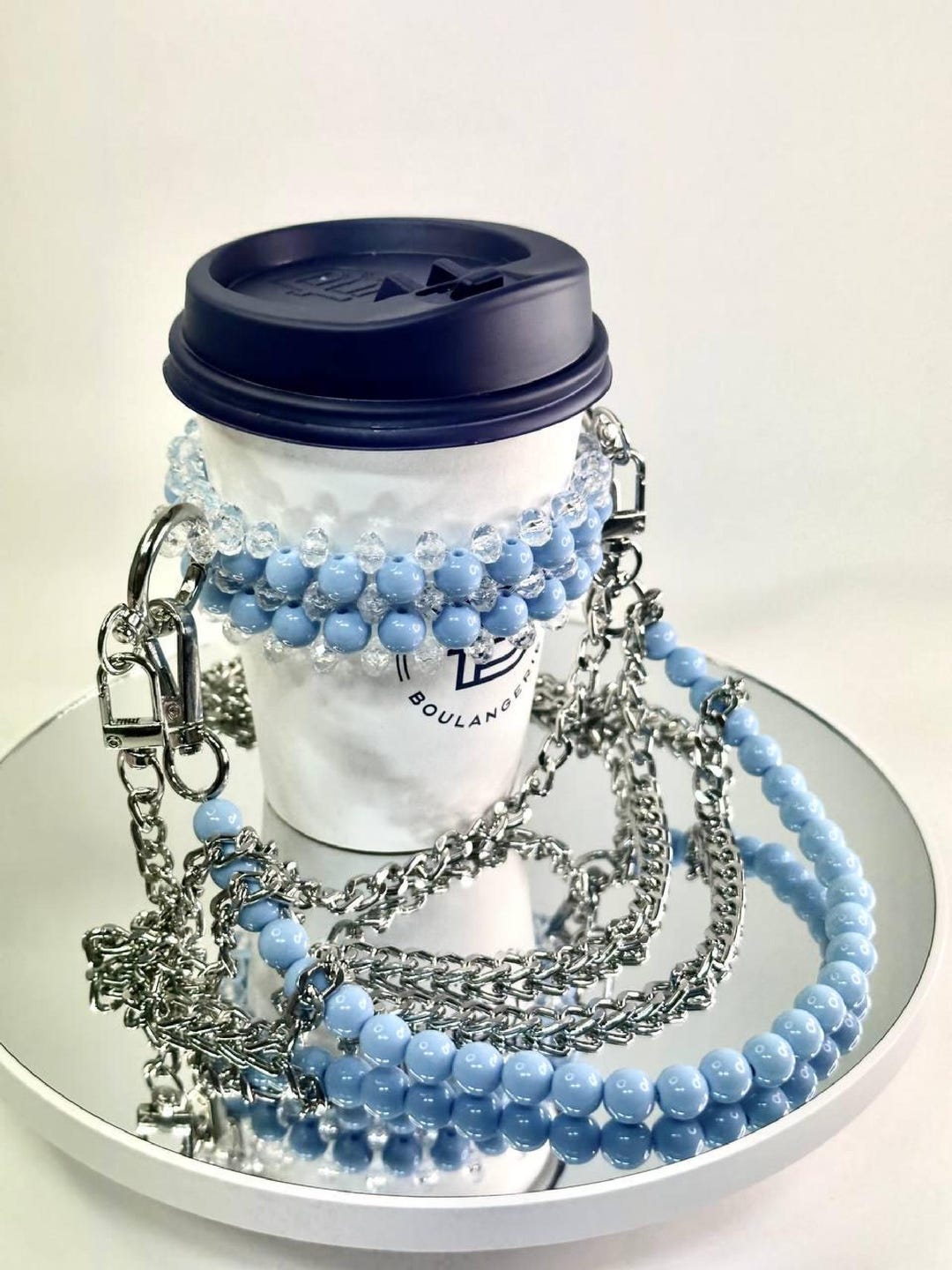 Beaded Cup Holder With Chain Strap – Blue Acrylic Drink Carrier – Hands ...