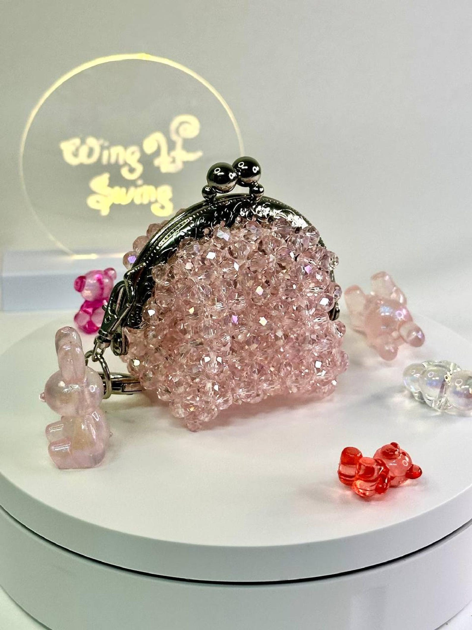 Powder Pink Crystal Coin Purse: Handmade Beaded Kiss Lock Mini Wallet ...