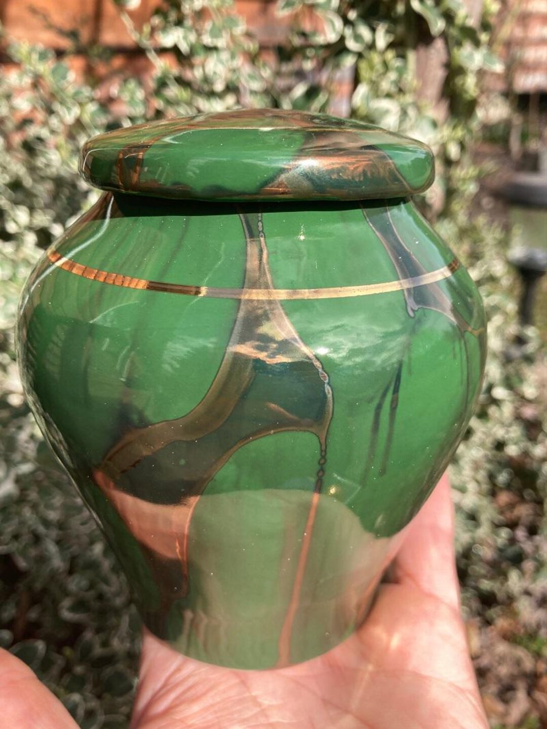 Handmade Ceramic Pet Cremation Urn: Green Pottery With 22kt Gold, (40 ...