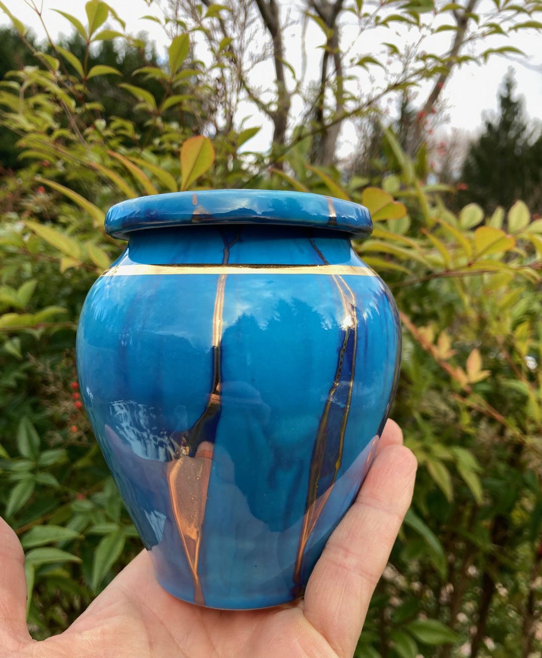 Handmade Ceramic Cremation Urn: Turquoise Pottery With 22K Gold, (40 ...
