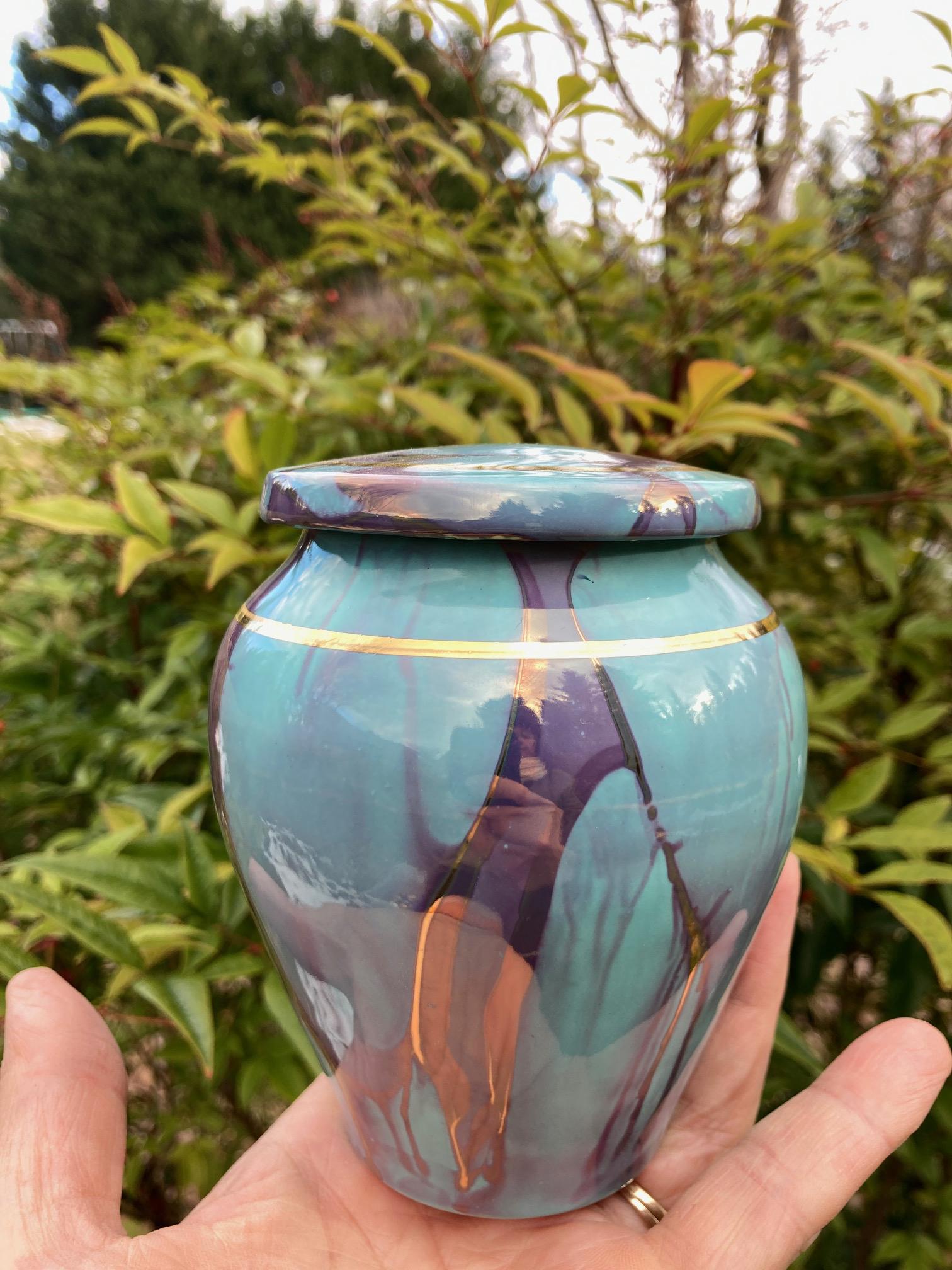Handmade Ceramic Cremation Urn: Light Teal With Gold, (40 Cubic Inches ...