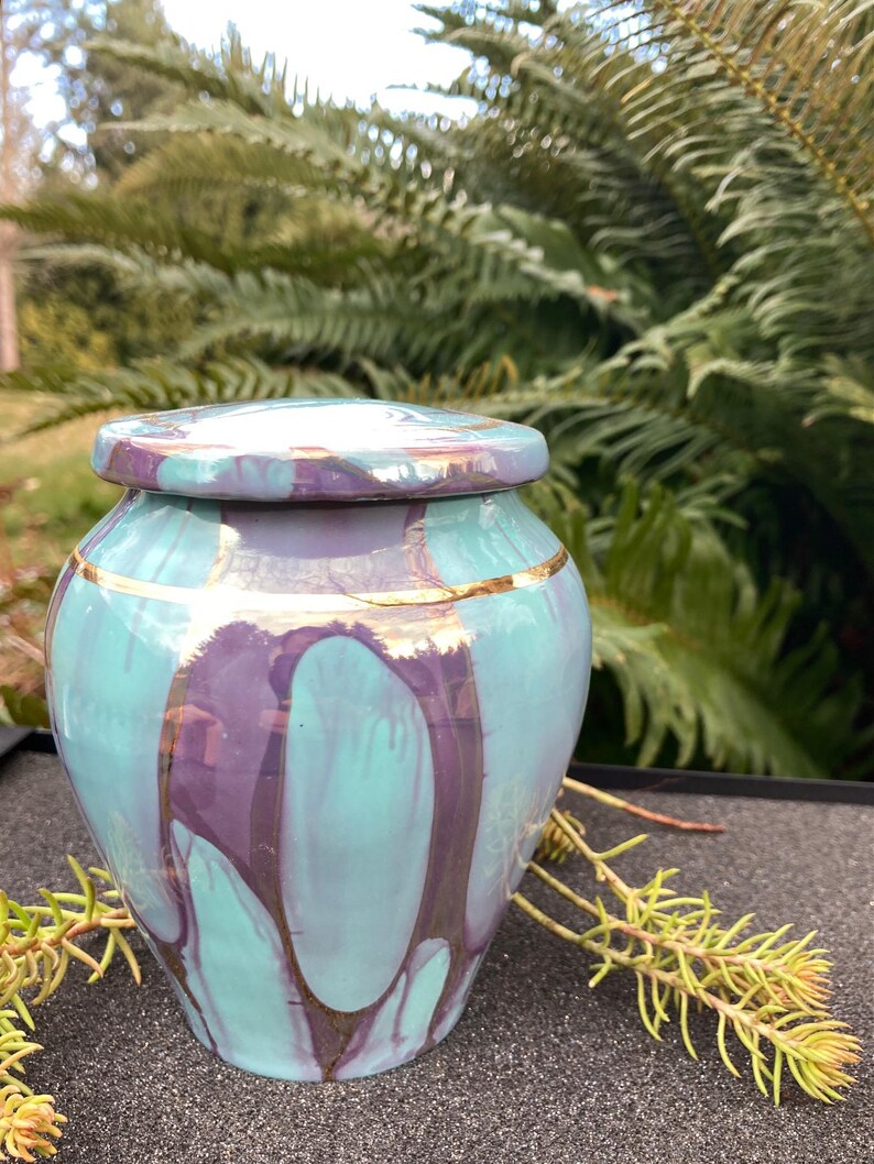 Handmade Ceramic Cremation Urn: Light Teal With Gold, (40 Cubic Inches ...