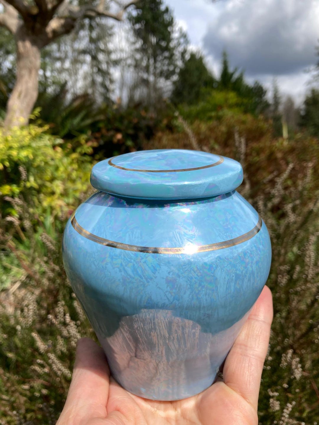 Handmade Ceramic Cremation Urn: Light Blue Pottery With 22K Gold, (40 ...