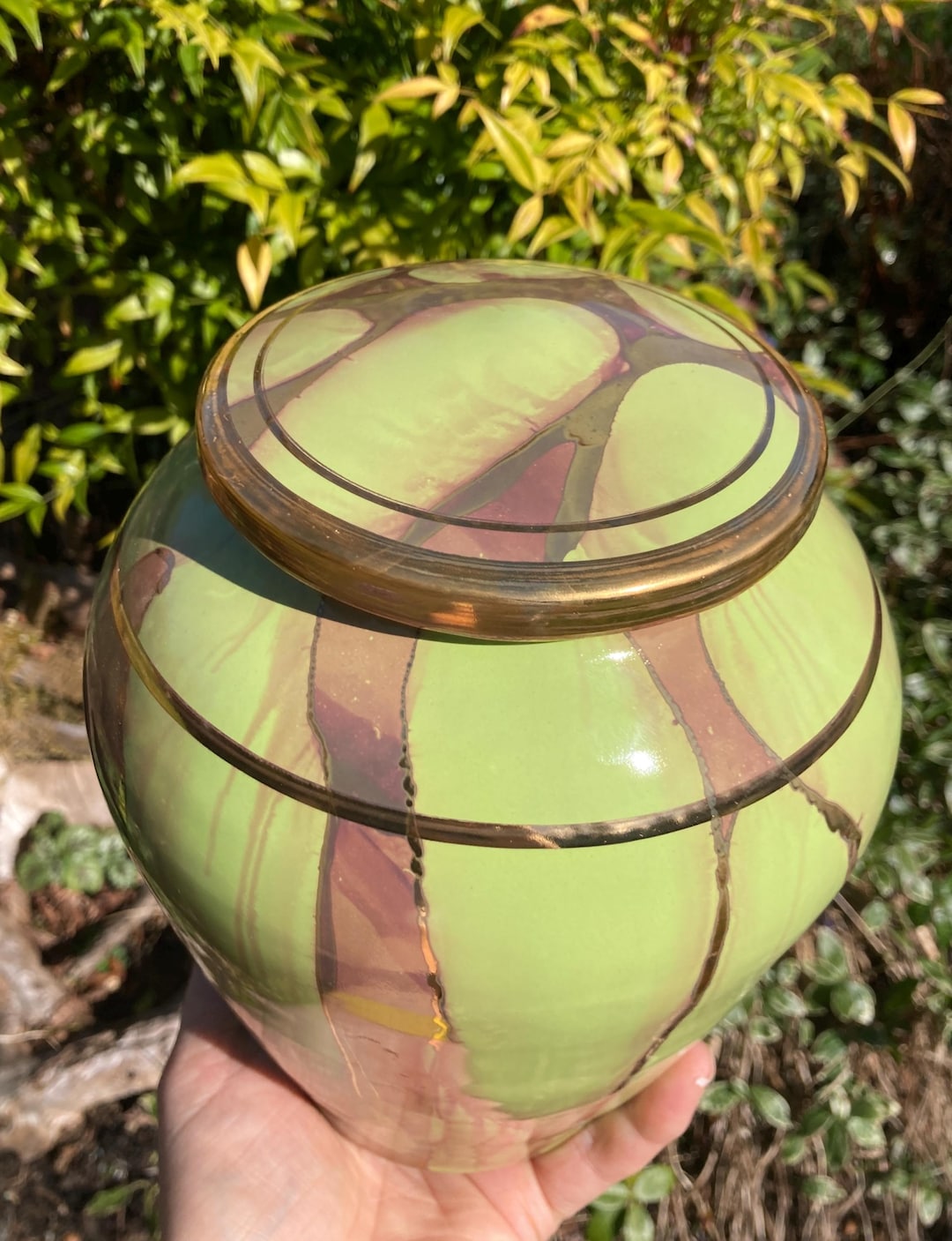 Handmade Ceramic Cremation Urn: 22k Gold Banding, Light Green, 170 Ci ...