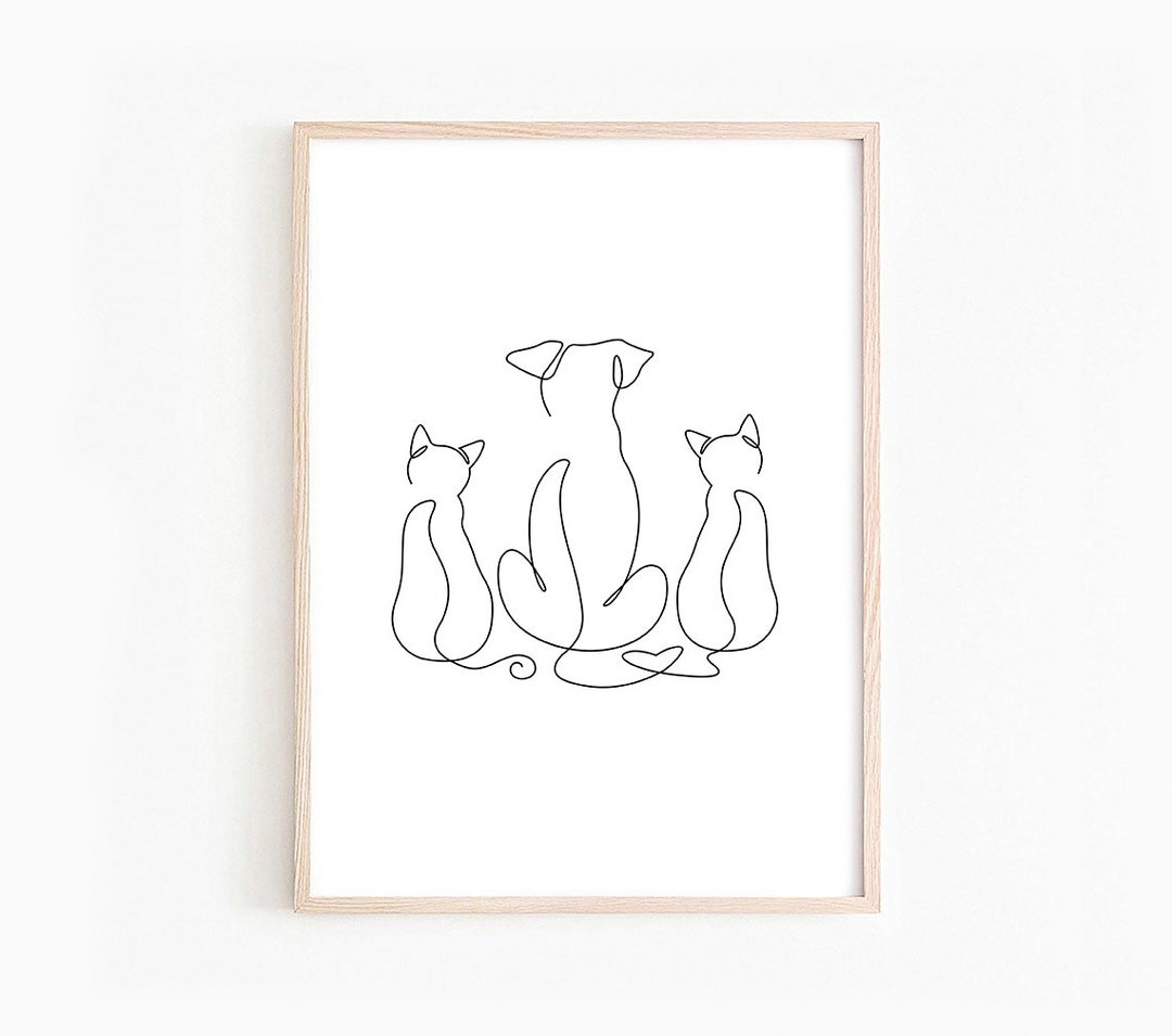 One Line Drawing | Two Cats and Dog Wall Art | Cats and Dog Silhouettes ...