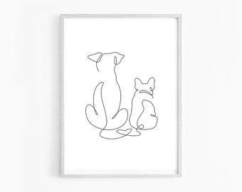 One Line Drawing | Labrador and Pug Wall Art | 2 Dogs Silhouettes | Ink ...
