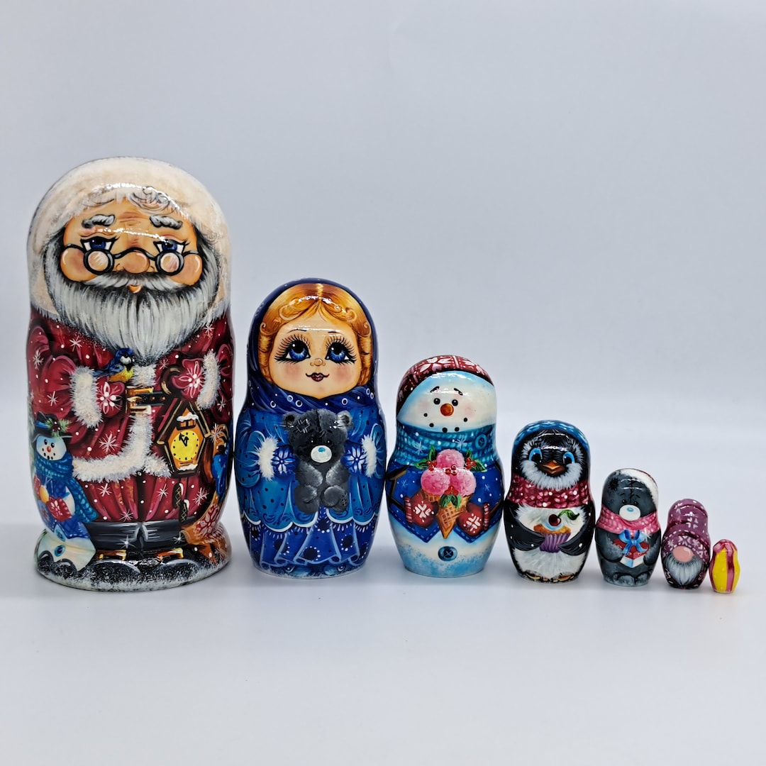 8" Christmas Nesting Dolls 7 in 1 Santa Matryoshka Handmade and Painted ...