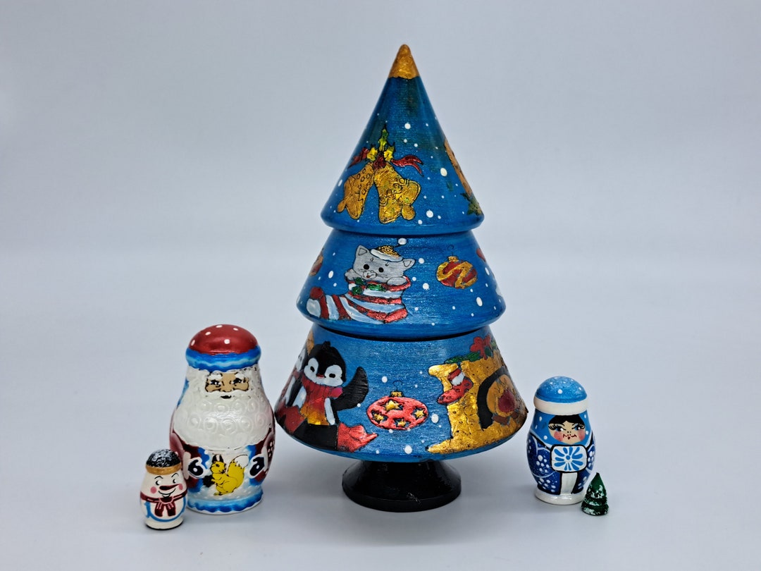 7 Christmas Tree Nesting Dolls 5in 1 Matryoshka Wooden Toy Holiday Home ...