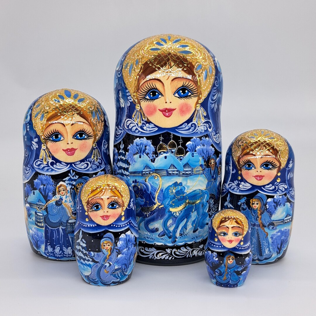 7" Blue Nesting Dolls Matryoshka 5 in 1 Ukrainian Pages Handmade and ...